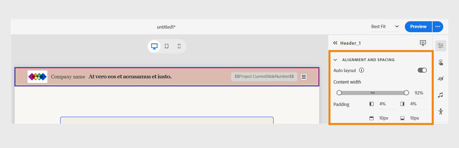 Adobe Captivate プロジェクトにヘッダーを追加
